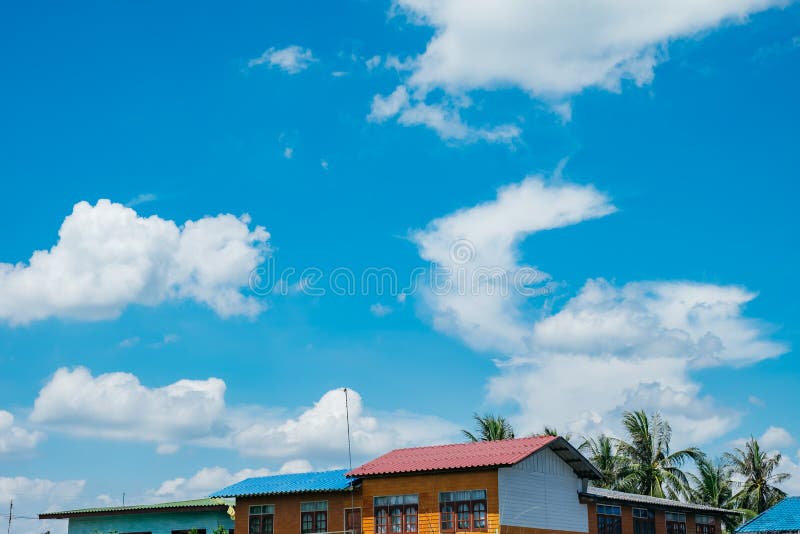 Local Thai House with Coconut Tree in Clear Blue Sky Stock Image ...