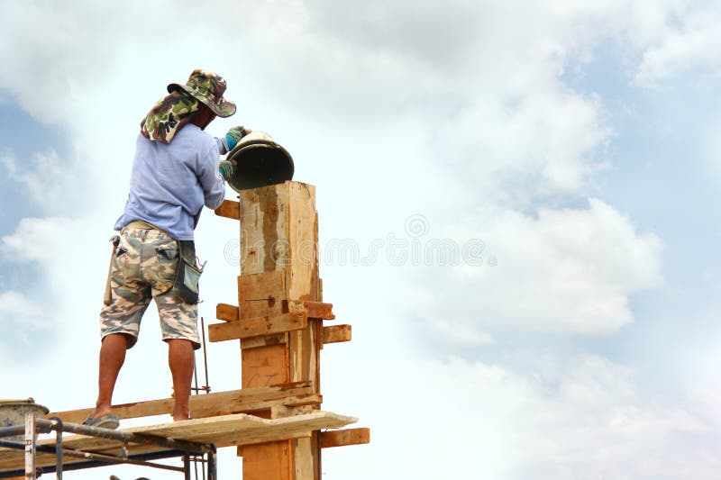 A Local Worker Stood on Scaffolding without Protective Gear Pouring ...