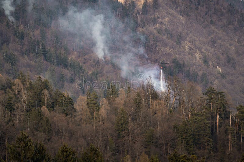 Localized Wildfire with the Helicopter Dropping Water Stock Image ...