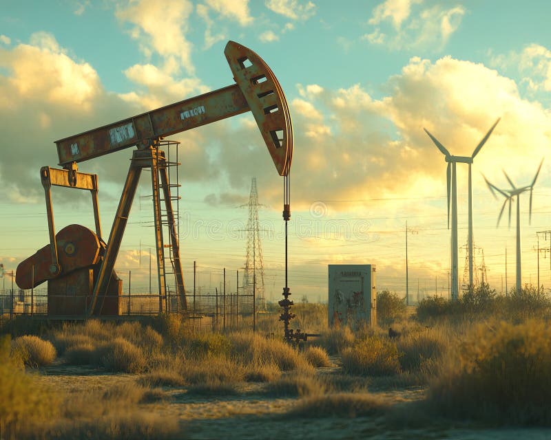 Located in the Middle of a Wind Farm, this Oil Derrick is Surrounded by ...