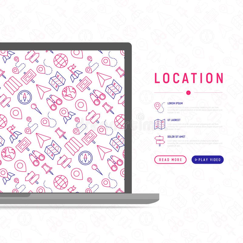 Location Concept with Thin Line Icons: Pin, Pointer, Direction, Stock ...