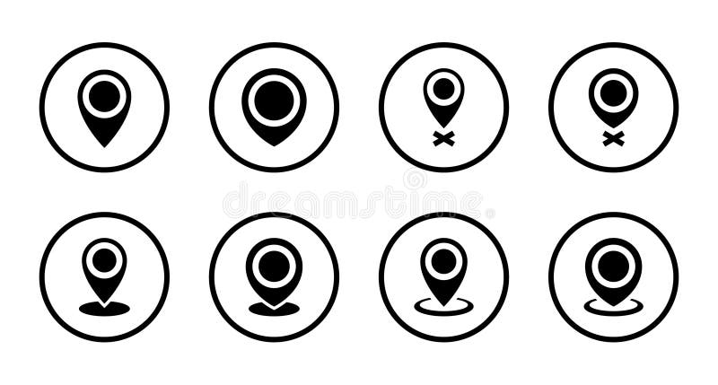 Location Icon Set Collection on Circle Line. Map Pointer, Address Sign ...