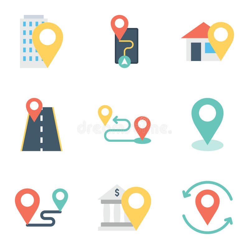 Location Icons Set. Navigation. Route. Map Pointer Stock Illustration ...