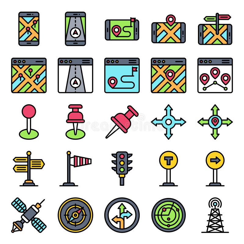 Location Map and Navigation Filled Icon Set 3 Stock Vector ...