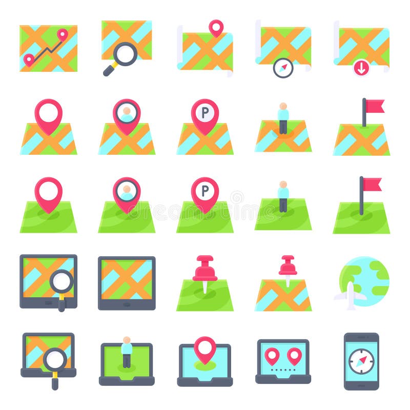 Location Map and Navigation Flat Icon Set 2 Stock Vector - Illustration ...