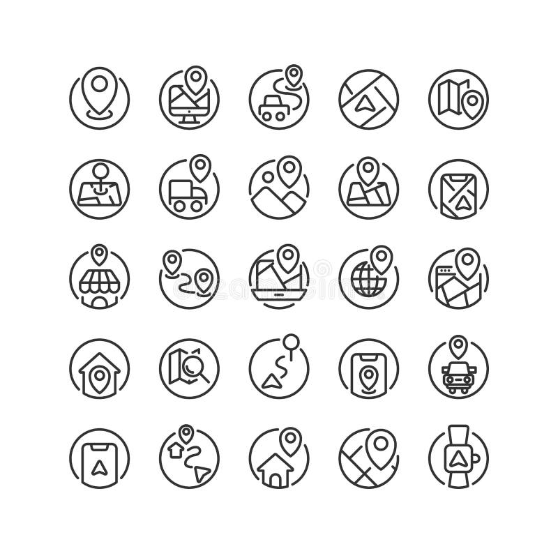 Location and Map Outline Icon Set. Stock Vector - Illustration of ...