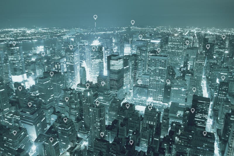 Location or Map Pin Flat Above Blue Tone City Scape Stock Image - Image ...