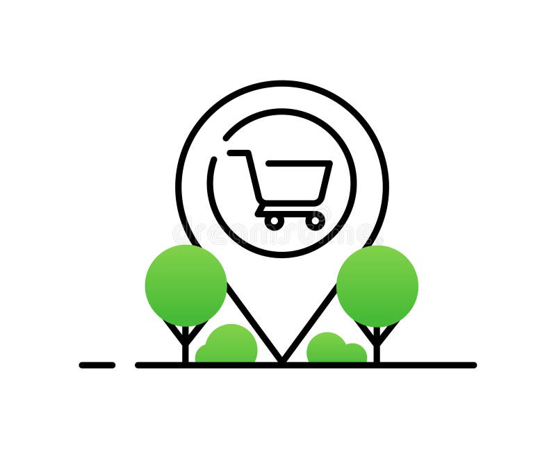 Location Marker Icon with Trees and Bushes, Black Line Art with Green ...
