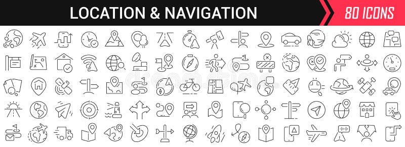 Location and Navigation Linear Icons in Black. Big UI Icons Collection ...