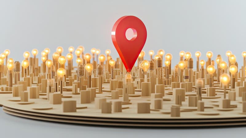 Location Pin on City Map with Light Bulbs. Concept of GPS, Navigation ...