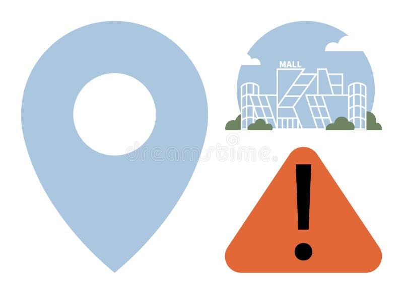 Location Pin, Mall Building, and Caution Sign in Flat Design Elements ...