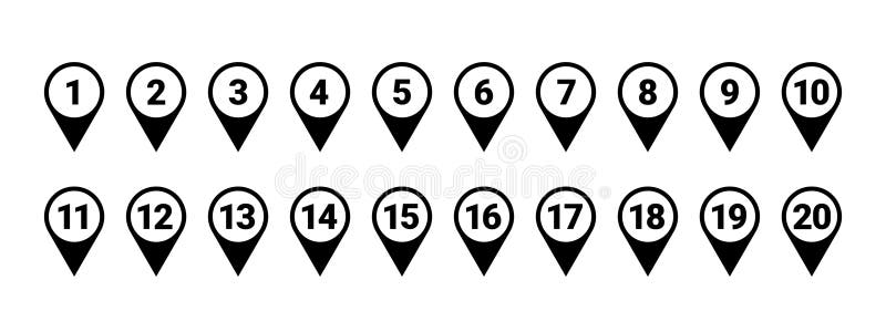Location Pin with Numbers, Set of Black Vector Icons Stock Vector ...