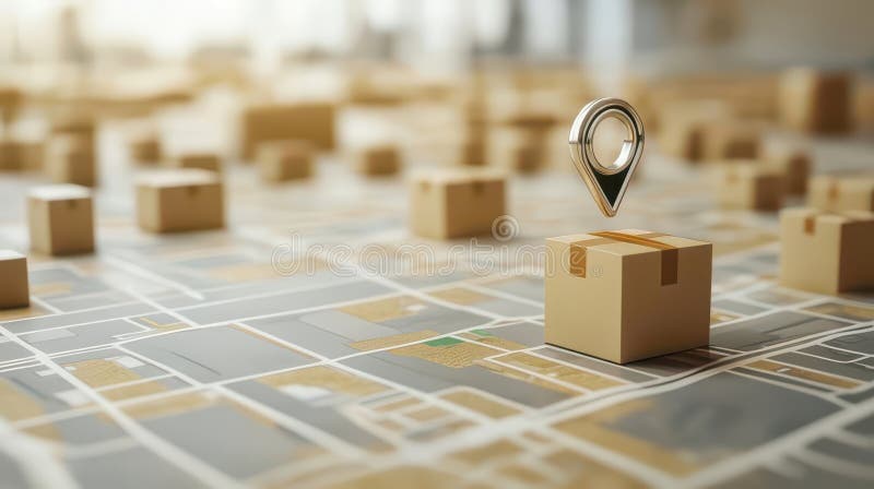 Location Pin Pointing Cardboard Box on City Map for Parcel Tracking ...