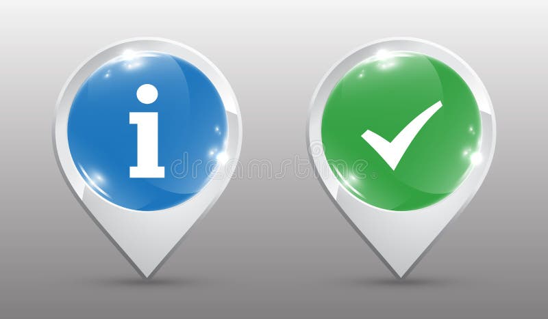 Location Pin with Check Mark, Question Mark, Exclamation Mark and ...