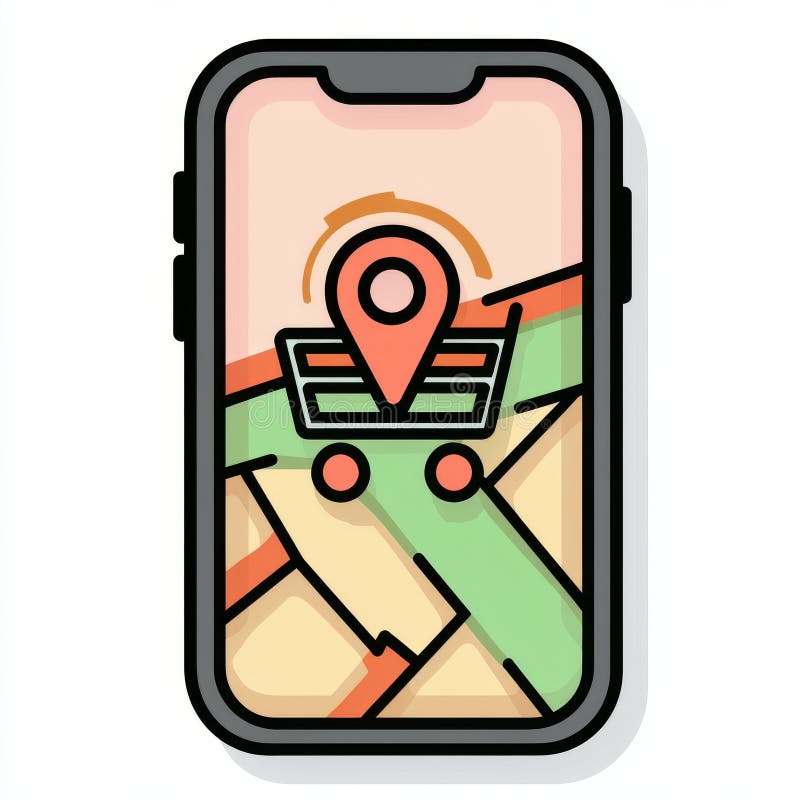 Location Pointer and Shopping Cart Icon on Smartphone Screen Symbolize ...