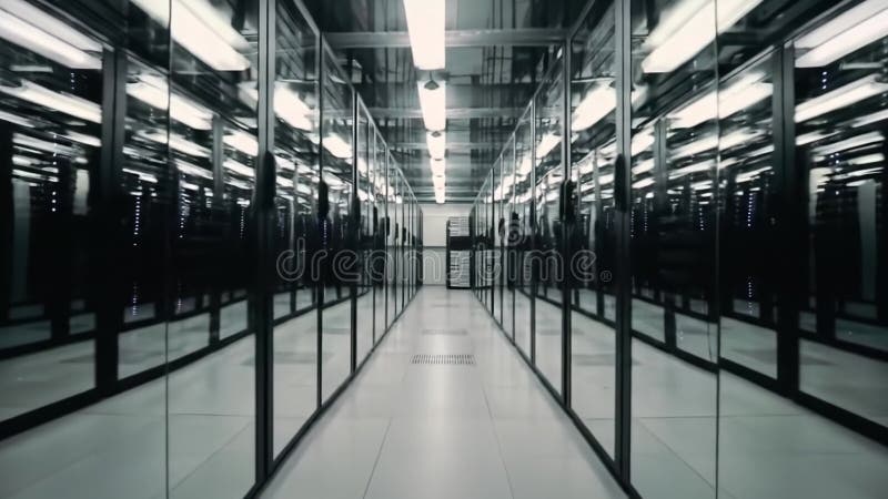 Exploring a Modern Data Center with Vast Rows of Servers and Advanced ...