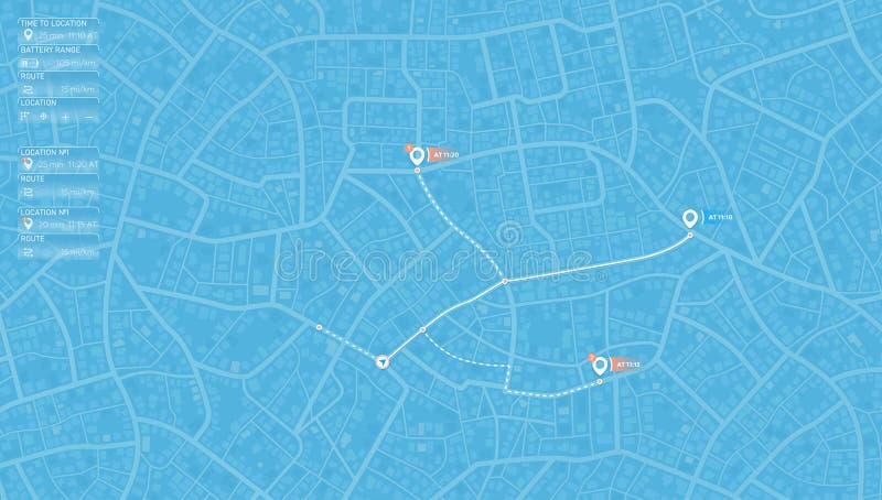 Location Tracker Dashboard with Data of Arrive. City Street Road with Pins on Map Stock ...