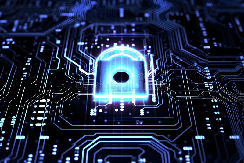 Lock in Center of Circuit Pathways. Concept of Data Security ...