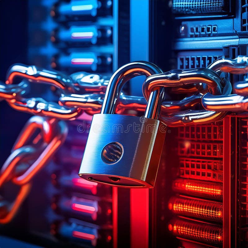 Lock and Chain Around Glowing Server, Intense Red and Blue Lighting ...