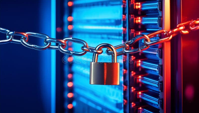Lock and Chain Around Glowing Server, Symbolizing Network Safeguarding ...