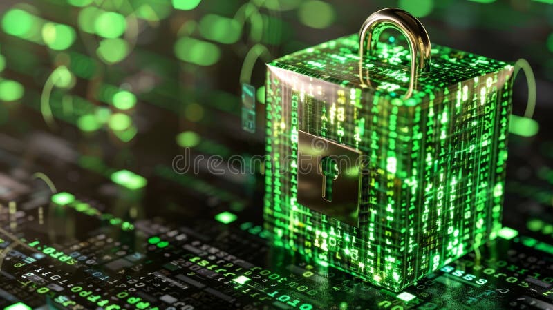 A Lock Embedded Within A Binary Code Cube With Data Streams Flowing