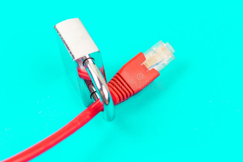 Lock on Ethernet Wire. Internet Security Concept in Blue Background ...