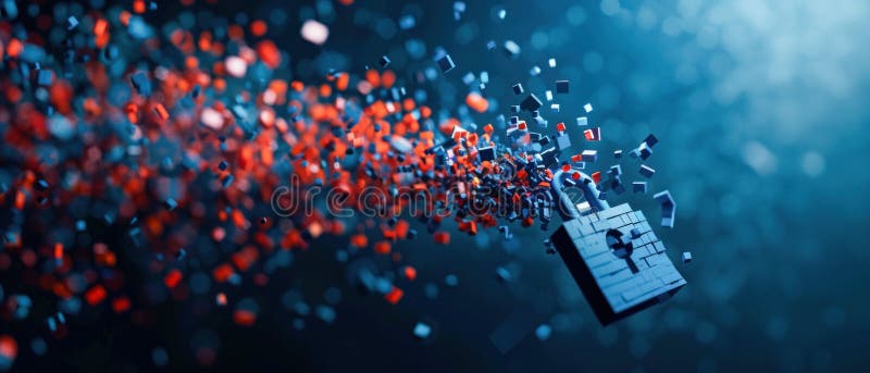 Lock and Exploding Red Cubes on Blue Background. Generative Ai Stock ...