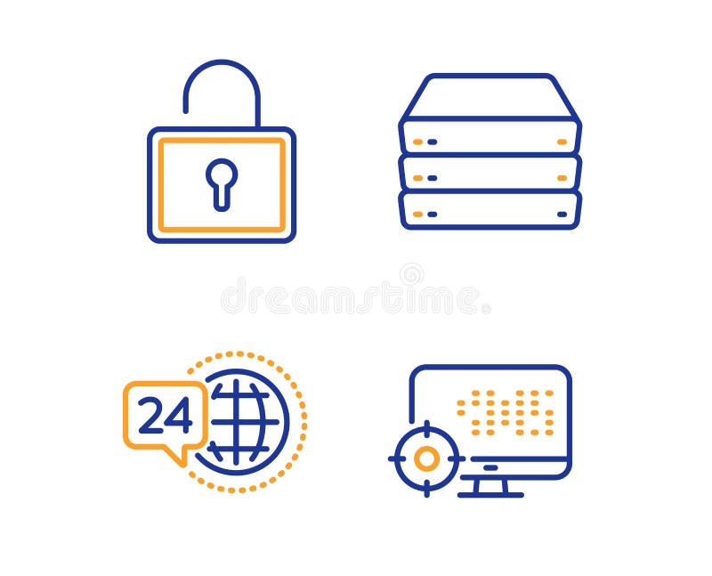 Lock, 24h Service and Servers Icons Set. Seo Sign. Private Locker, Call ...