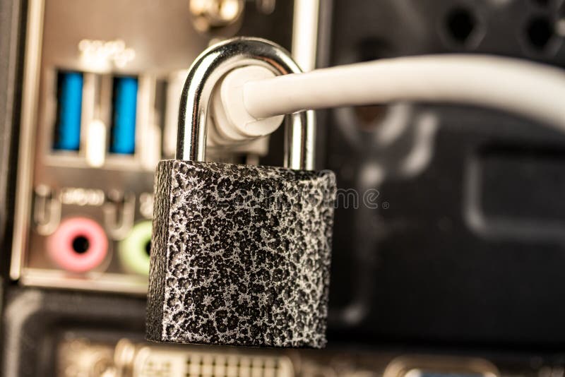 Lock Hanging on a Network Cable Stock Photo - Image of padlock, network ...