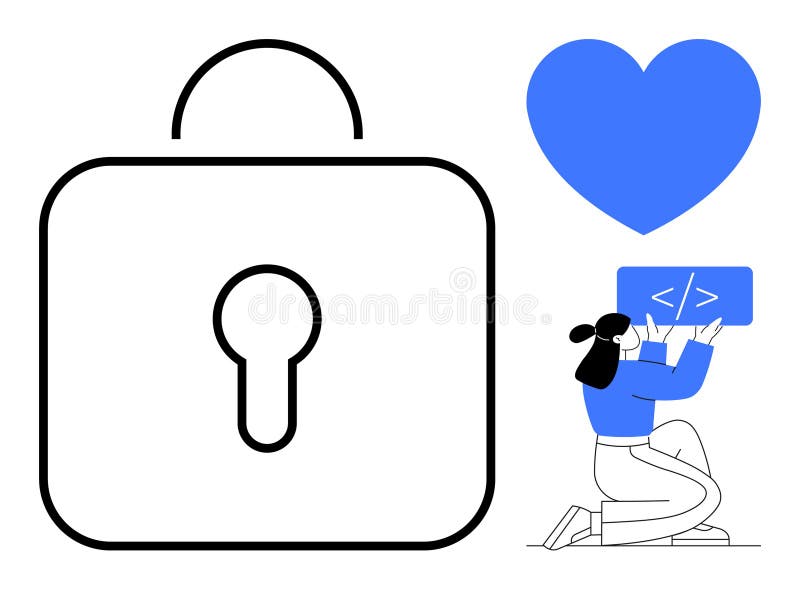Programmer Kneeling with Code Against Heart Icon and Lock Illustrating ...