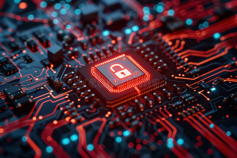 Lock Icon on a Chip with a Red Neon Glow. Computer Data Protection and ...