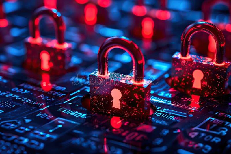 Lock Icon on a Chip with a Red Neon Glow. Computer Data Protection and ...