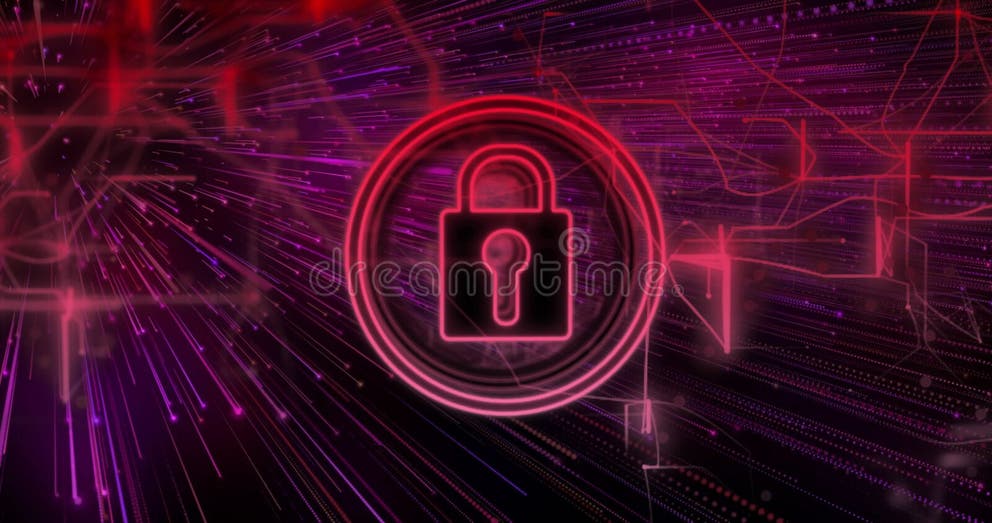 Lock Icon and Digital Security Image Over Abstract Purple and Red ...