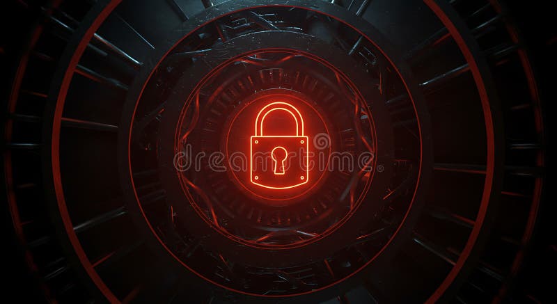 Lock Icon Security Concept Glowing with Red on Dark Mechanical ...
