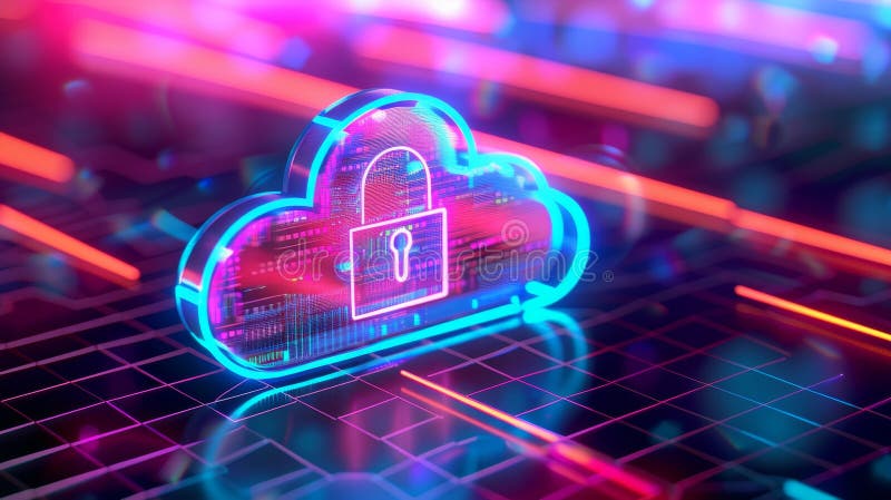 Lock Icon in Translucent Cloud on Neon Grid Background for Digital ...