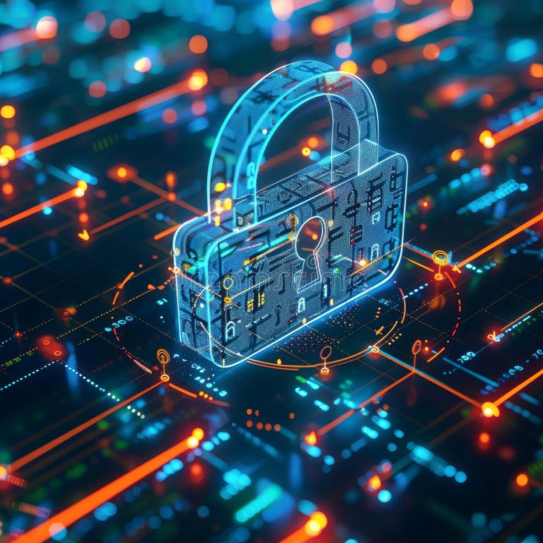 Lock Icon in Translucent Cloud on Neon Grid Digital Abstract Backdrop ...