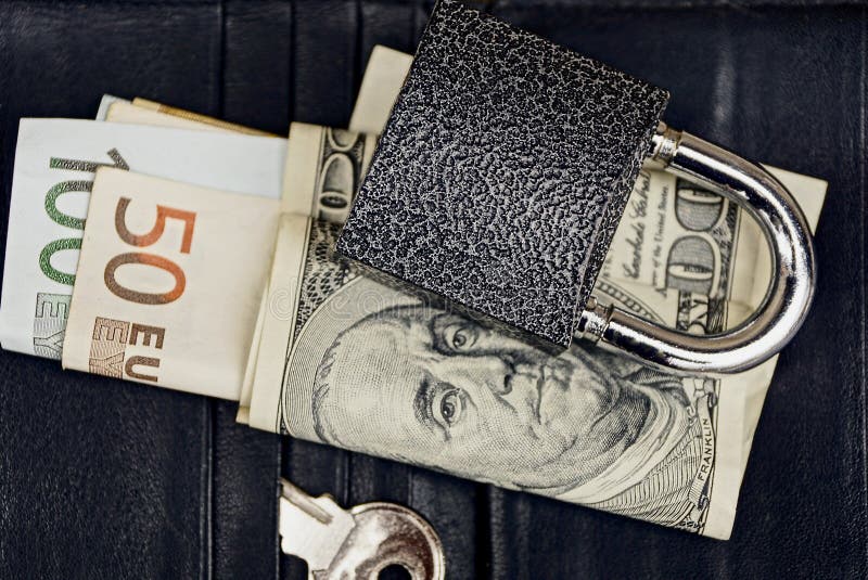 Lock with Key and Currency on Purse Stock Photo - Image of expense ...