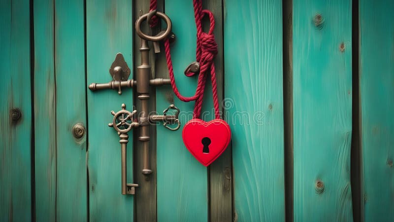 Lock and Key a Heart Shaped Lock Hangs on a Wooden Door Stock Image ...