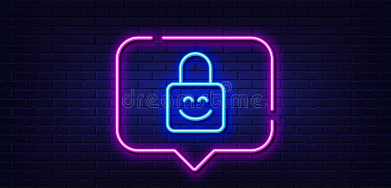 Lock Line Icon. Protected Padlock with Smile Sign. Neon Light Speech ...