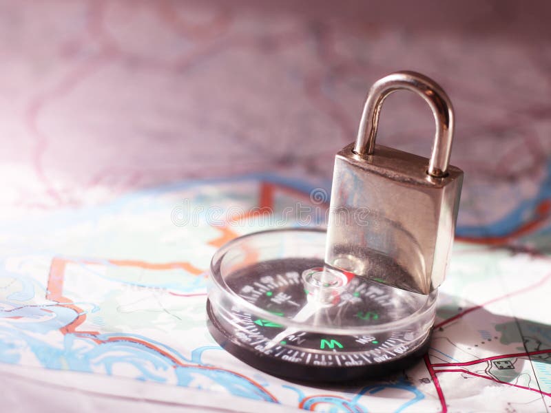 Lock and Map, Tourist Compass. Border Closure Concept Stock Image ...