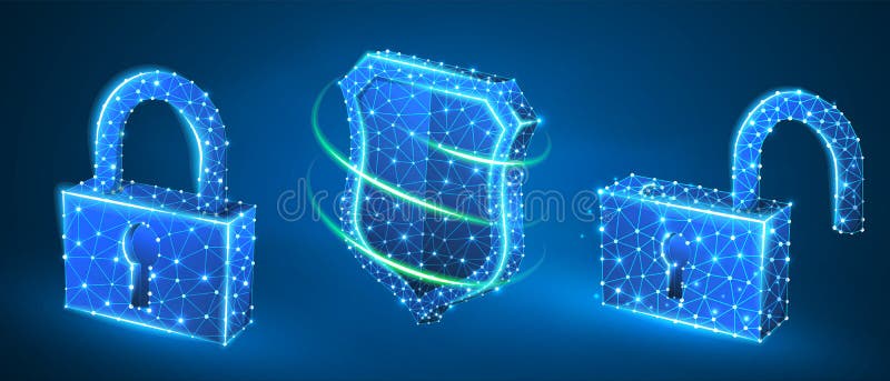 Lock, Shield, Unlock Symbol Abstract Set. Low Poly, Wireframe, Digital ...