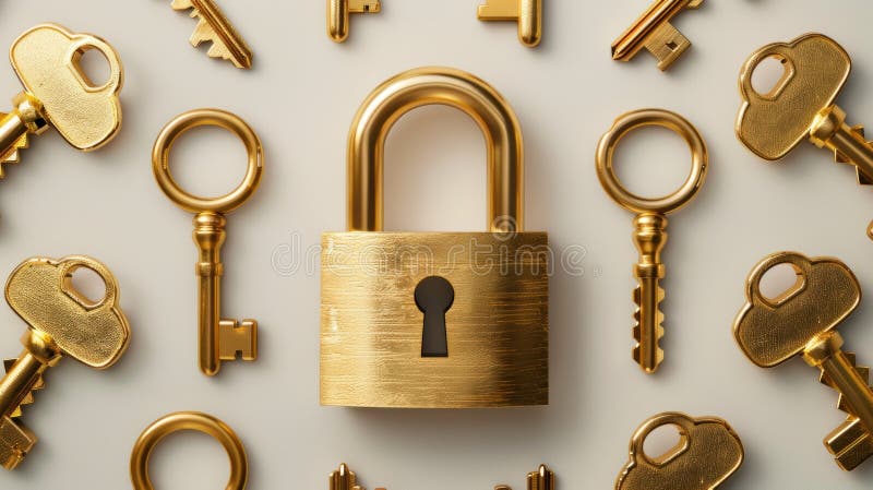 Lock Surrounded by Black and One Golden Key - Security Concept. Stock ...