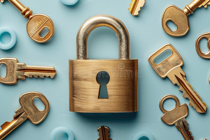 Lock Surrounded by Black and One Golden Key - Security Concept. Stock ...