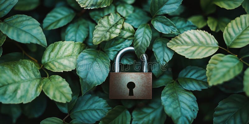 Lock Surrounded by Lush Green Leaves Symbolizing Security and Nature S ...