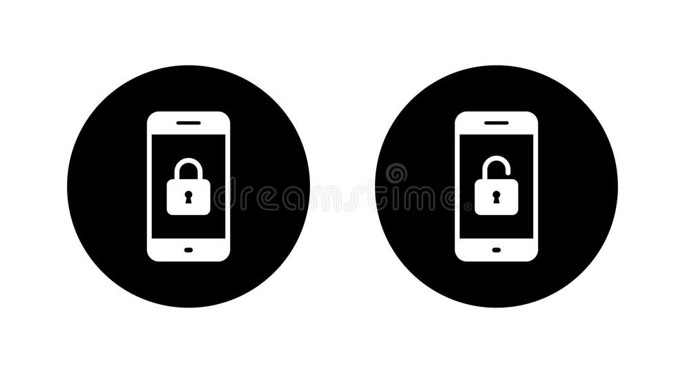 Lock and Unlock Padlock on Cellphone Screen Icon on Black Circle Stock ...