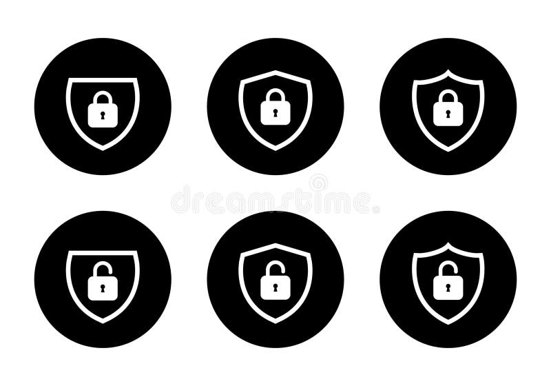 Lock and Unlock Shield Icon Set on Black Circle. Safeguard, Security ...