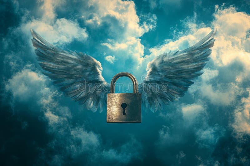 Lock with Wings Symbolizing Freedom and Security in the Sky Stock ...