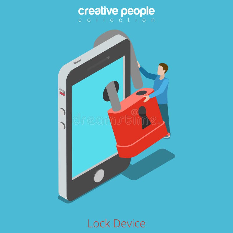 Lock Your Device Secure Content Concept. Micro Man Locking Lock Over ...