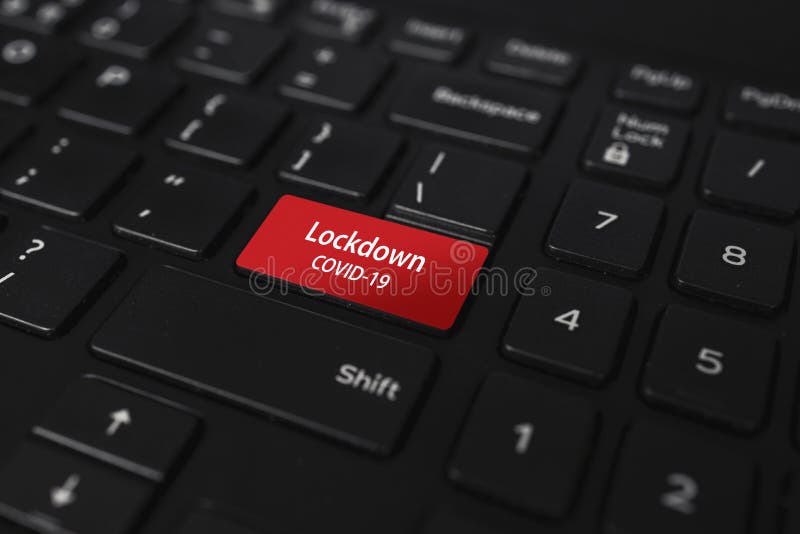 Lockdown covid-19 button. stock photo. Image of keyboard - 223832158