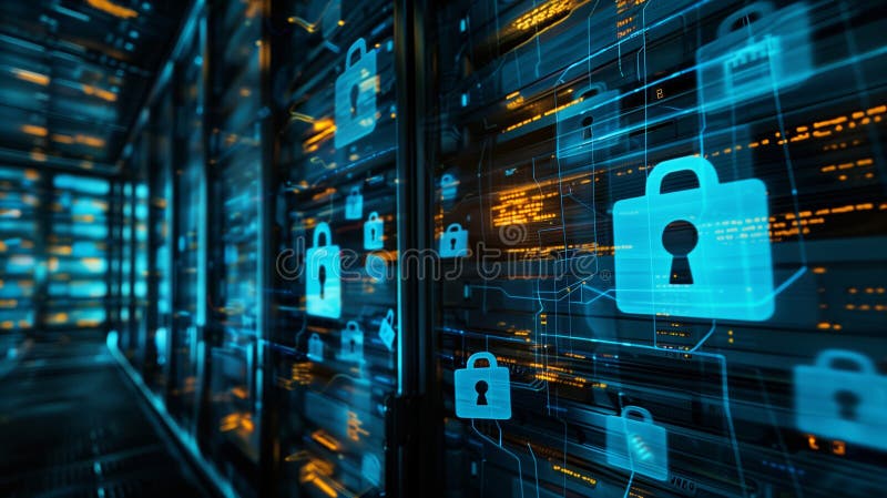 Locked Data Files, Screen Displaying a Series of File Icons Lock Symbol ...
